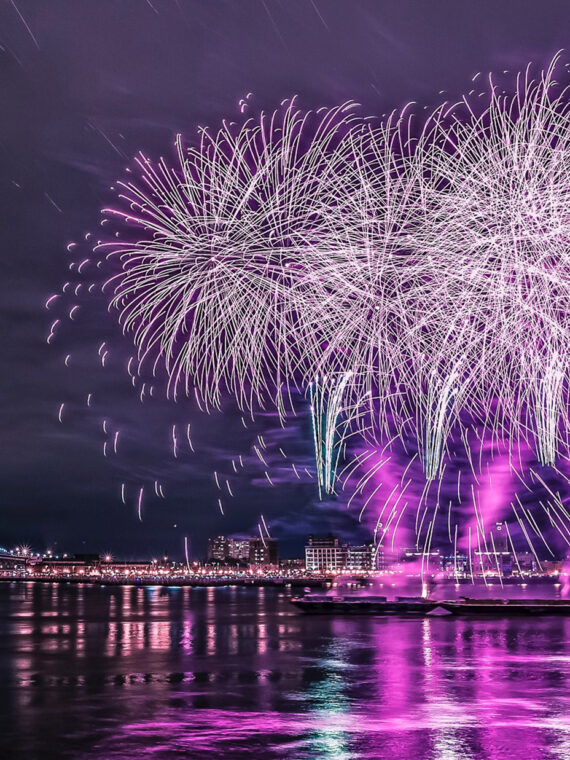 Pink and purple fireworks explode above the Delaware River during a New Year's Eve fireworks display.
